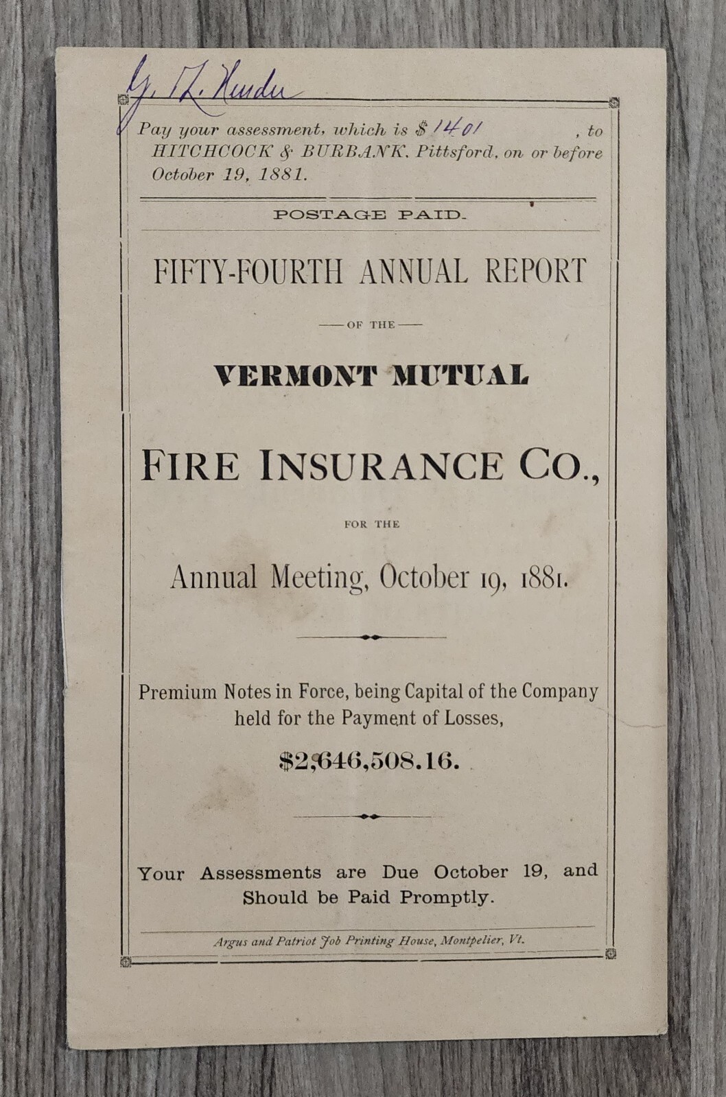 Vintage 1881 Annual Report of the Vermont Mutual Fire Insurance Company ...