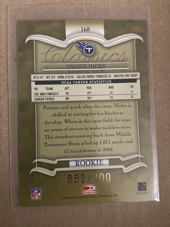 2003 Donruss Classics /900 Dwone Hicks #168 Rookie RC | eBay