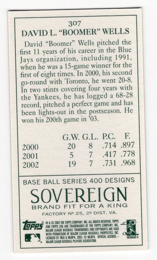 Baseball Card - 2003 Boomer Wells 307 Green Sovereign Mini - Yankees ...