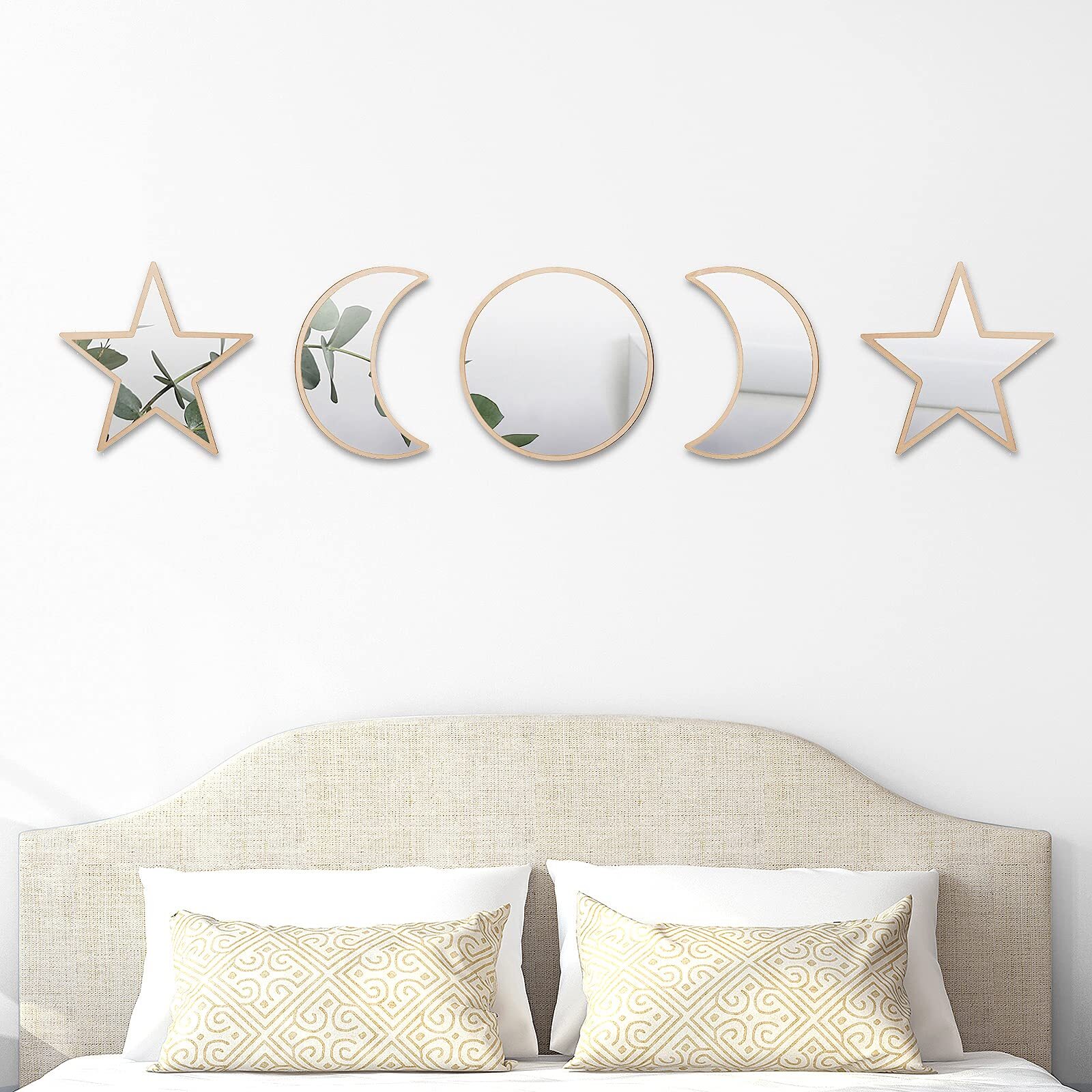 5 Pieces Boho Moon Phase Mirror Wall Decor Acrylic Sun Moon Star Mirror ...