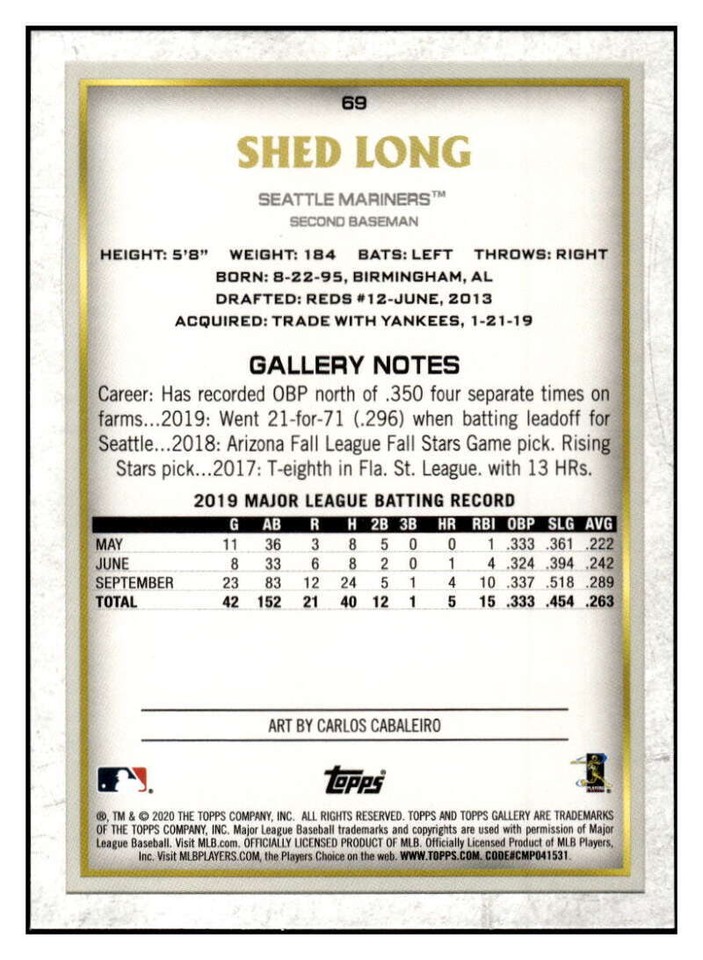 SHED LONG 2020 Topps Gallery #69 MLB Mariners ID:52467 | eBay