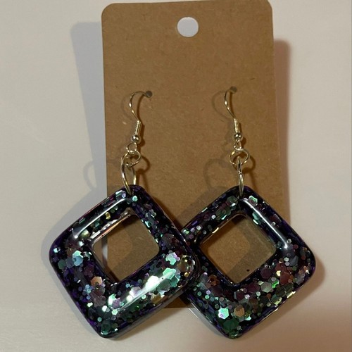 Handmade epoxy resin square dangle earrings -purple/green holographic ...