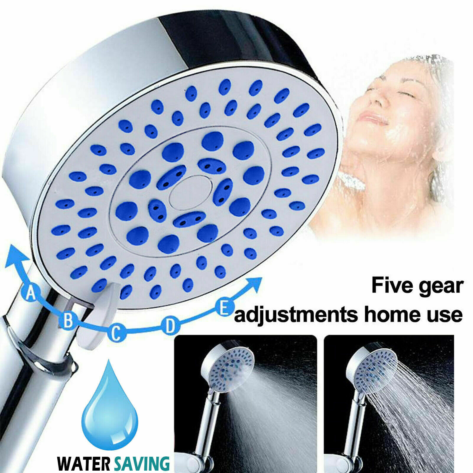 Bath High Pressure Shower Head 5 Mode Large Chrome Handset Heads Water
