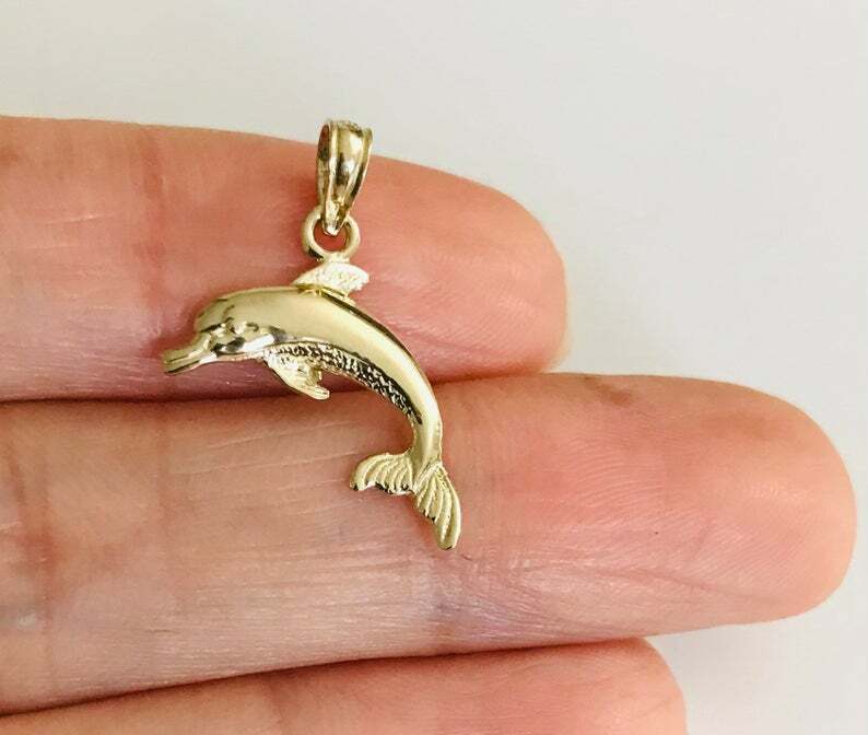 10K Solid Yellow Gold Dolphin Pendant - 22m x 17mm Small Dolphin Charm ...