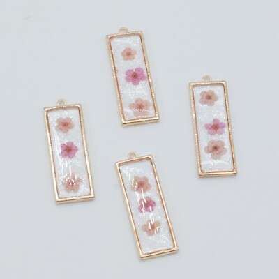 4PCS Gold Tone Real Pressed Flower Resin Rectangle Charm Pendant Supply ...