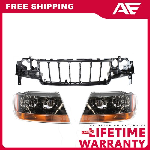Header Panel + Headlight Set Halogen For 1999-2003 Jeep Grand Cherokee ...