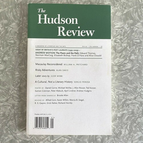 The Hudson Review Magazine Vol 63 Number 1 Spring 2010 Literature Arts ...