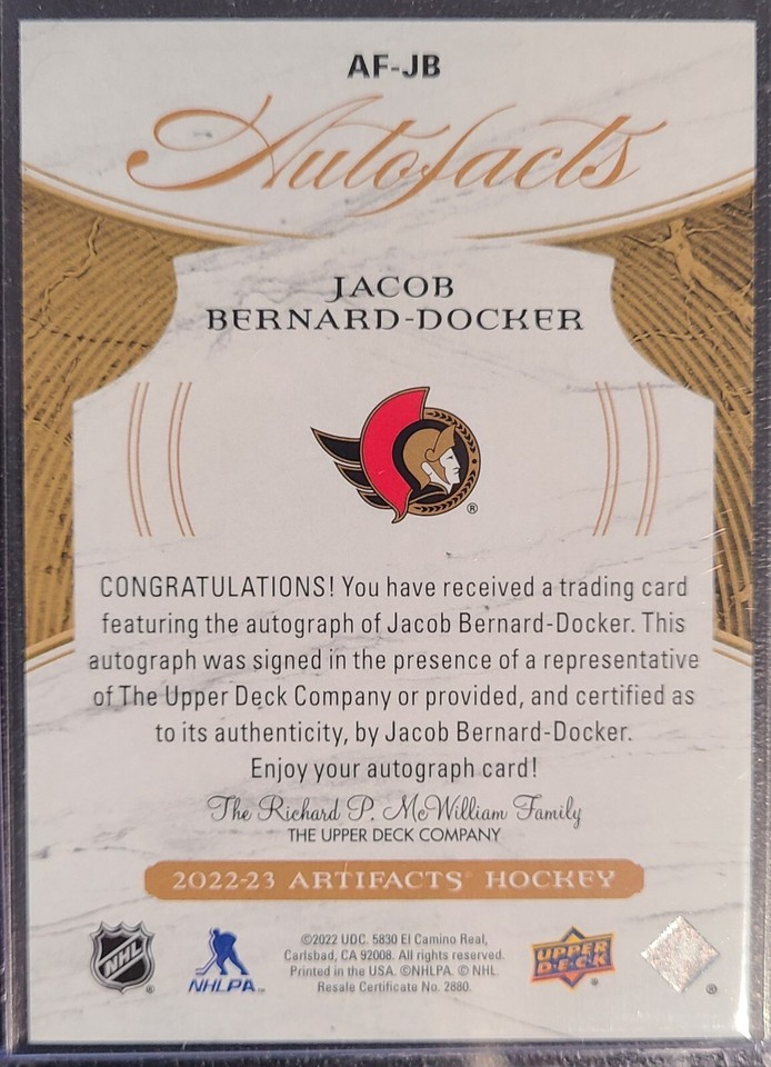 2022-23 UPPER DECK ARTIFACTS JACOB BERNARD-DOCKER AUTOFACTS AUTO #AF-JB ...