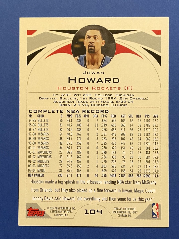 JUWAN HOWARD Signed 2004-05 Topps #104 Rockets MICHIGAN “FAB 5 ...