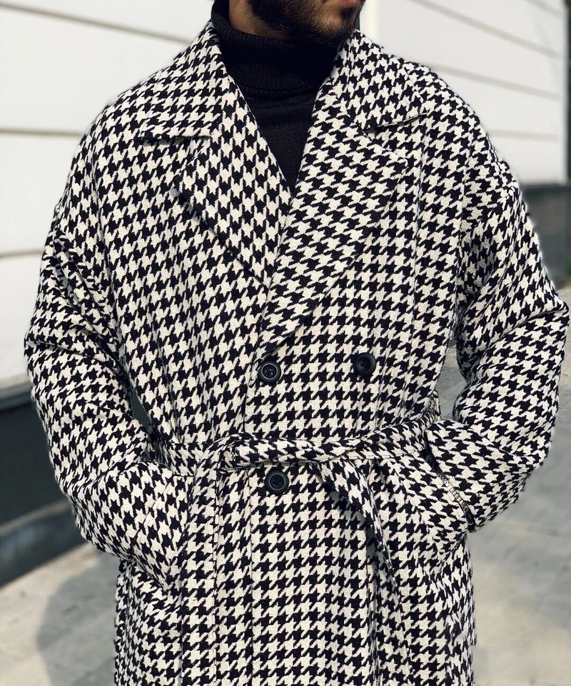 Men's Houndstooth Overcoat Double Breasted with Belt Casual Long Coat ...