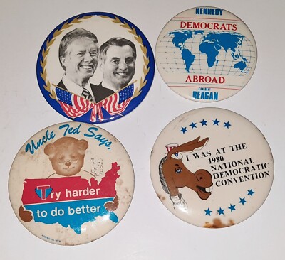 4 large democratic political presidential campaign pins Kennedy, Carter ...