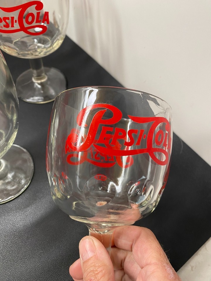 Vintage Pepsi Clear Red Thumbprint Goblet Drinking Glass Set of 5 Decor ...