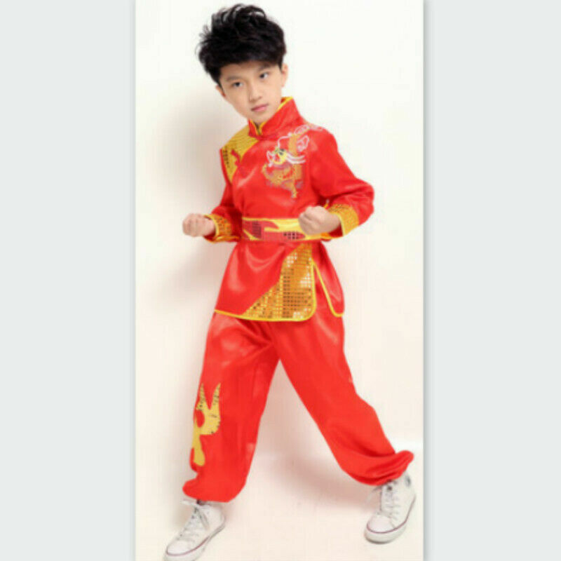 Kids Kung Fu Suit Satin Frog Button Sequins Chinese Traditional Tai Chi ...