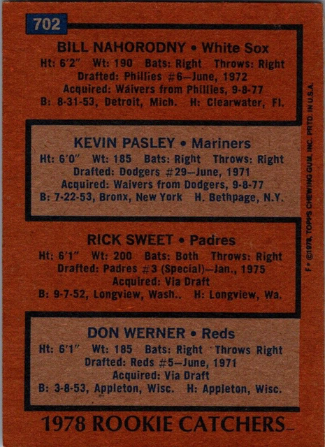 1978 Topps - Rookie Catchers #702 Don Werner, Rick Sweet, Kevin Pasley ...