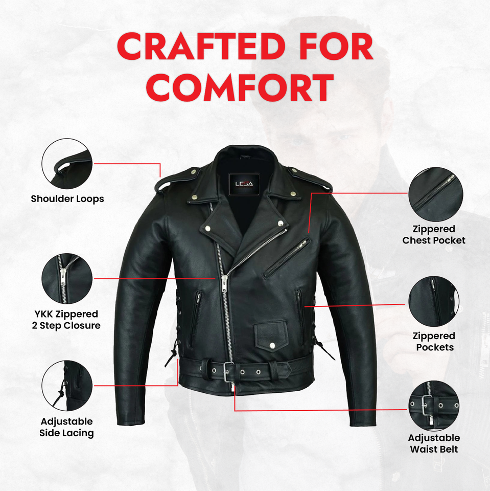 Black Leather Jacket Men - Classic Brando Motorcycle Jacket with Belted ...