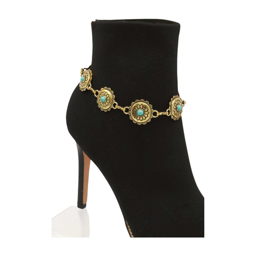 Women Gold Metal Boot Chain Links Bracelet Shoe Charm Turquoise Flower ...