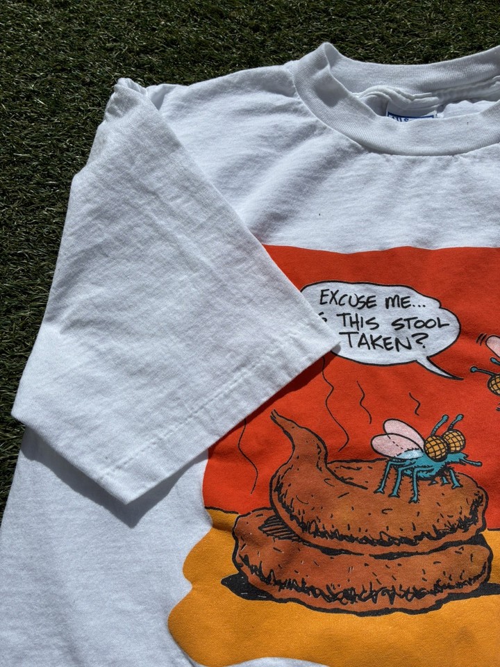 RARE Vintage 1992 Fly Stool Funny Graphic Made in USA L White Brown ...