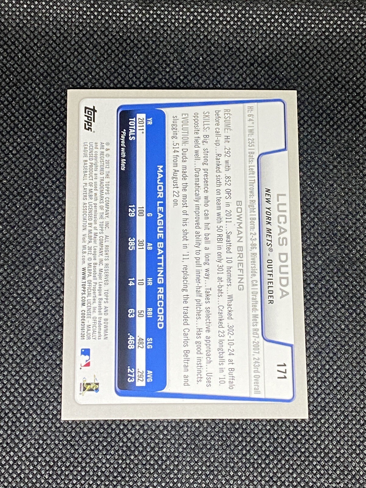 Lucas Duda New York Mets 2012 Bowman Signed Auto Card #171 ~ COA | eBay