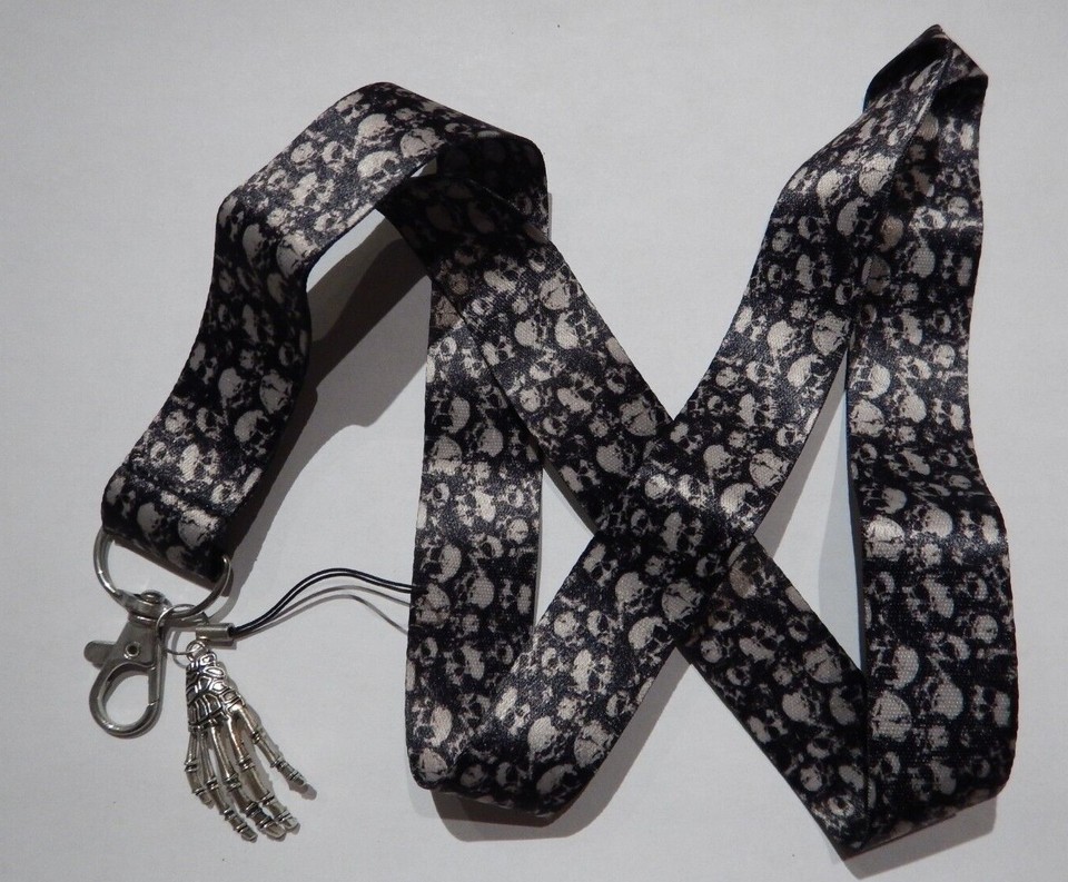 SKULLS LANYARD black gray skeleton charm halloween punk gothic neck key ...
