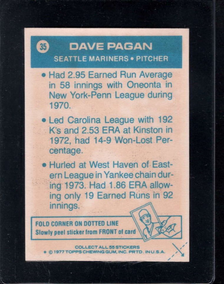 1977 Topps Cloth Stickers #35 Dave Pagan NM X3098218 | eBay