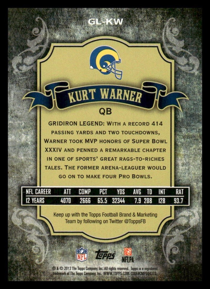 2013 Topps Gridiron Legends Kurt Warner #GL-KW | eBay
