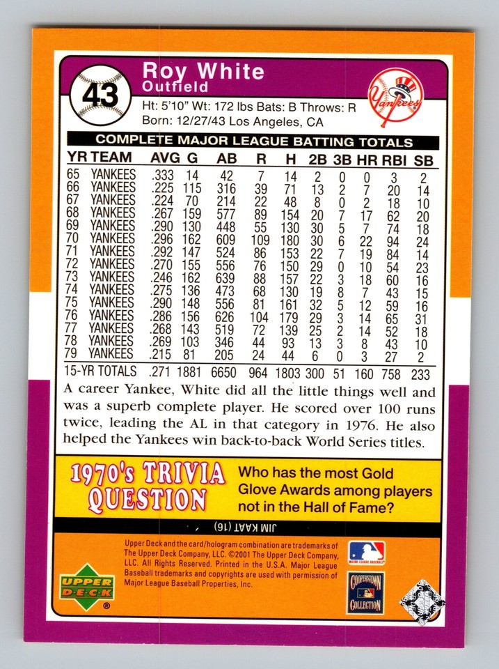 2001 Upper Deck Decade 1970's #43 Roy White Excellent | eBay