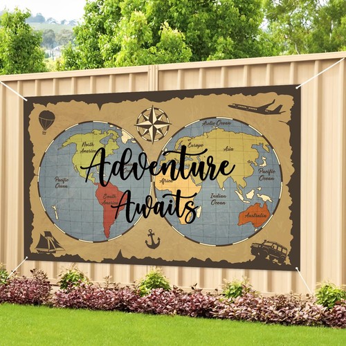Adventure Awaits Backdrop Large Travel Theme Banner World Map Bon ...