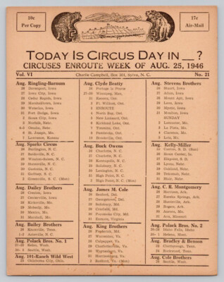 1946 Vintage CIRCUS ROUTE CARD Sheet / RINGLING BARNUM Clyde Beatty ...