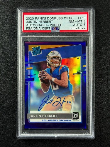 JUSTIN HERBERT PSA 8 2020 PANINI DONRUSS OPTIC #153 RATED ROOKIE PURPLE ...