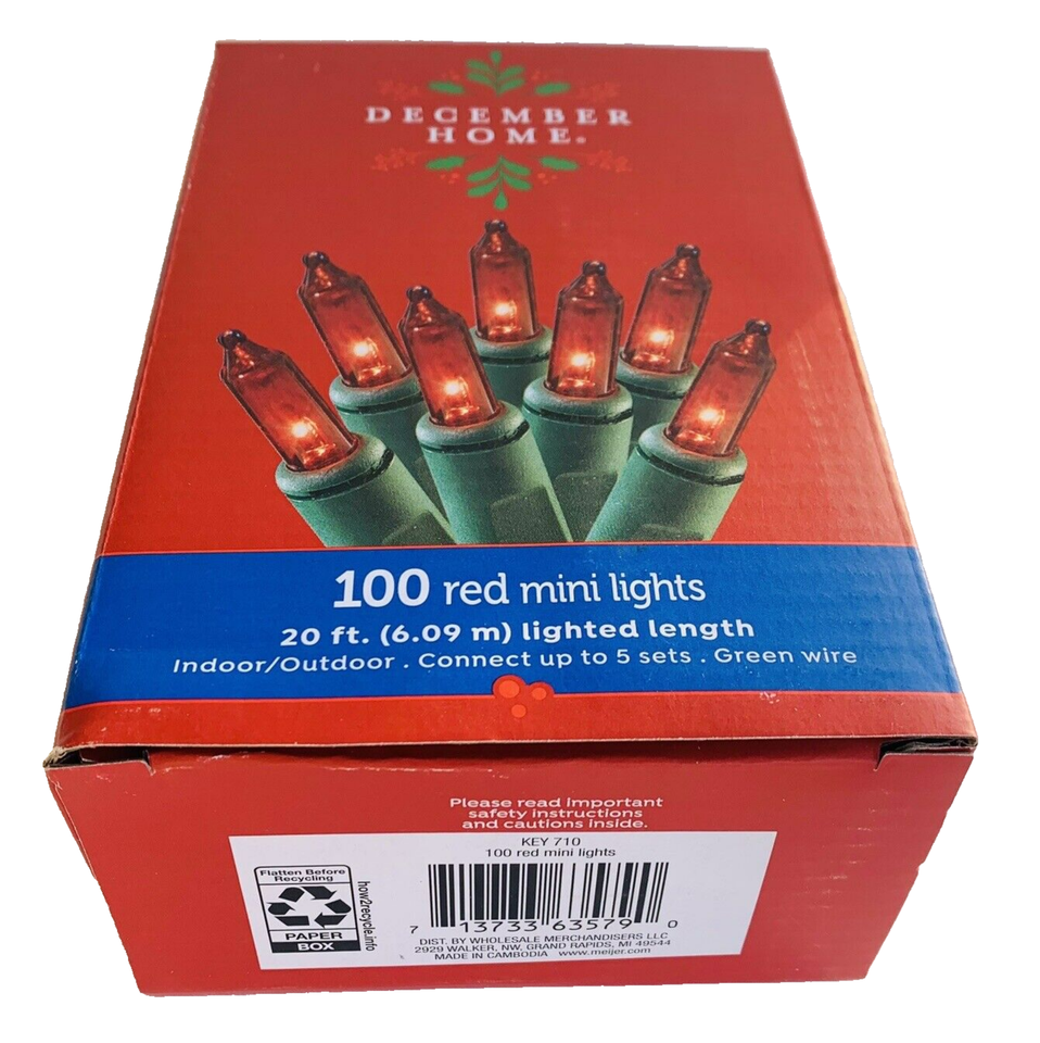 RED Mini Lights String 100 Count Christmas Incandescent Green Wire 20 ...