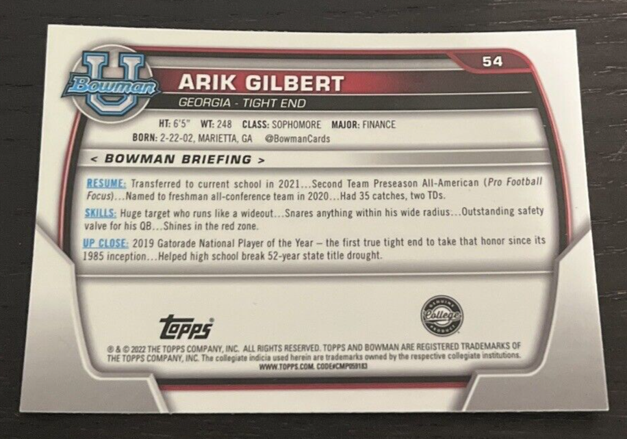 2022 Bowman Chrome University - Arik Gilbert - #54 - Georgia | eBay