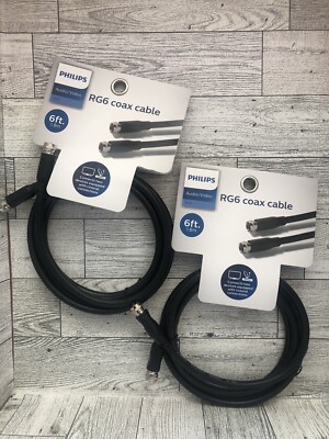 Set Of 2 Philips RG6 Coax Cable 6 Ft TV Cable Satellite DVR Audio Video ...
