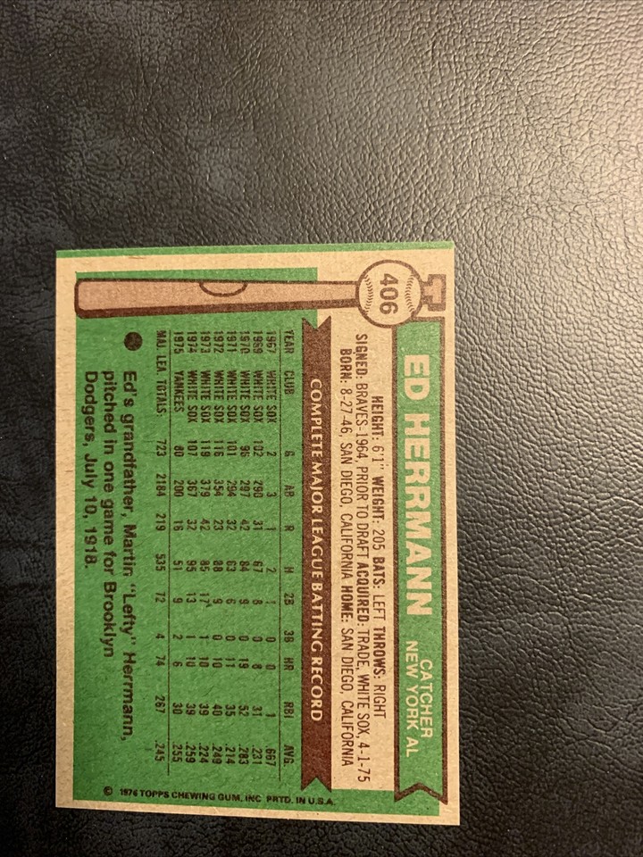 #406 Ed Herrmann New York Yankees 1976 Topps Baseball Card Cb22 | eBay