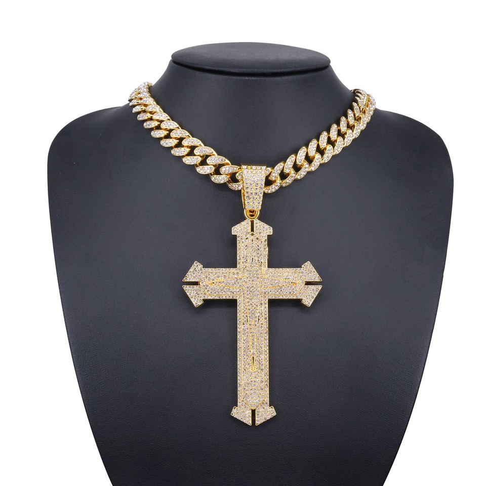 Men's Diamond Cuban Chain Hip Hop Cross Pendant Stainless Steel Fashion ...