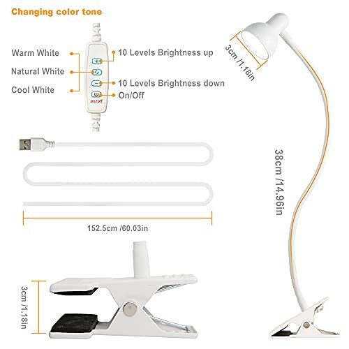 Clip On Lamp Usb Reading Light 3 Color Modes 10 Brightness Dimmable ...