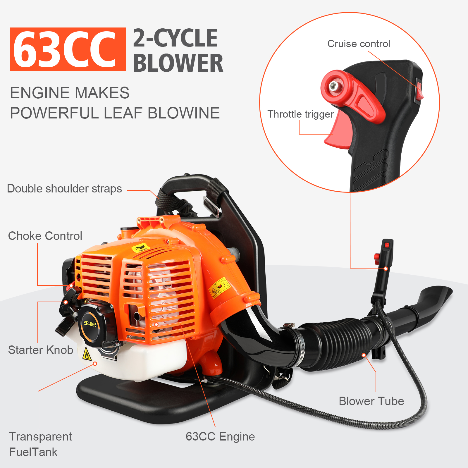 63CC Backpack Gasoline-Powered Leaf Blower Gas Blower 665CFM 2-Stroke ...