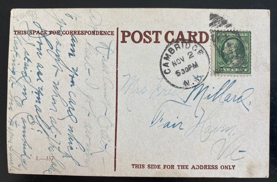 1910 Cambridge NY Usa Picture Postcard Cover To Fair Haven VT Early ...