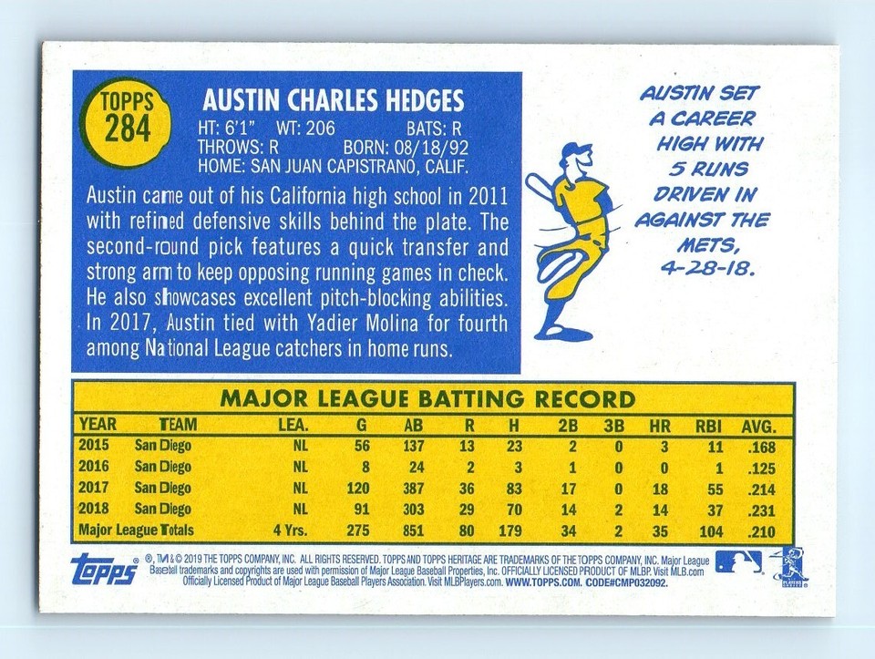 2019 Topps Heritage Austin Hedges San Diego Padres #284 | eBay