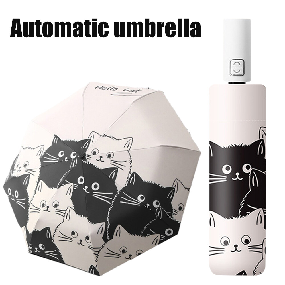 Women Folding Cute Cat Umbrella 50+Anti-UV Sun Rain Protection Parasol ...