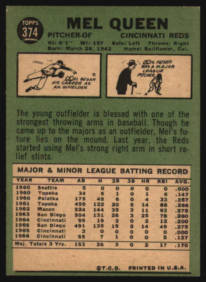1967 Topps #374 Mel Queen EX/EX+ Reds ERR 581222 | eBay