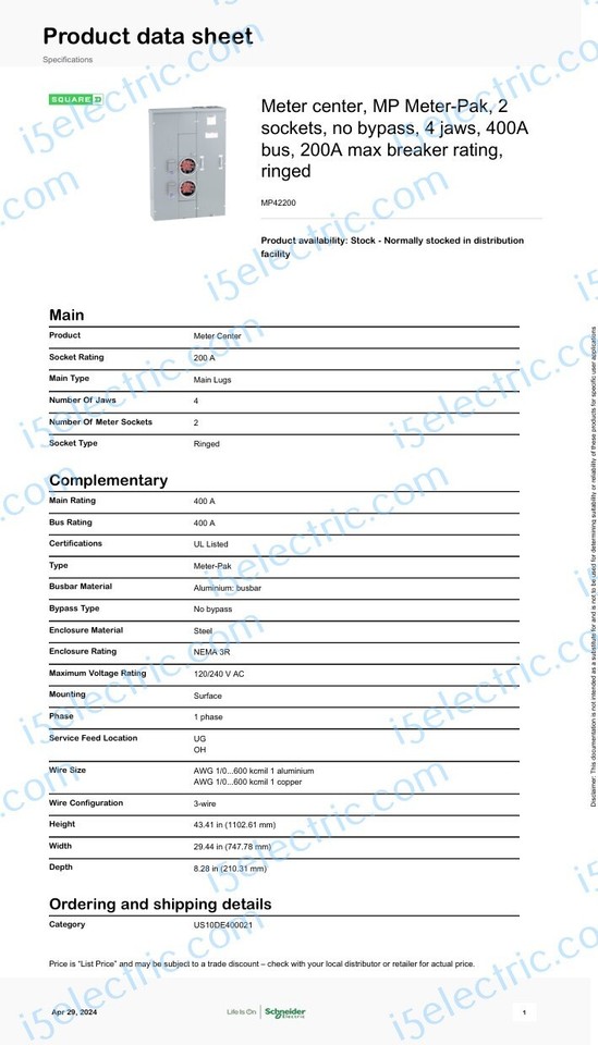 Square D MP42200 400 Amp w/2 Gang 200A Meter EUSERC OH/UG as WEP4212 | eBay
