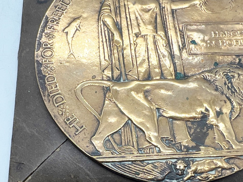 HAROLD SCHOFIELD POSSIBLE CHESHIRE REGIMENT KIA DEATH PENNY PLAQUE ...