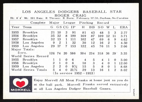 1960 Morrell Meats Dodgers -ROGER CRAIG (Los Angeles Dodgers) | eBay
