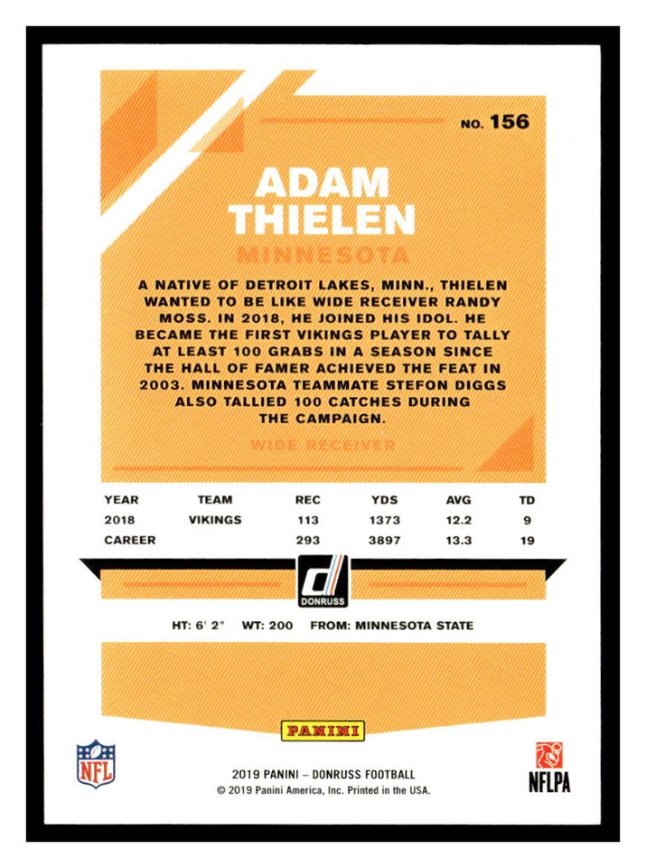 Adam Thielen 2019 Donruss 156 SN113 Season Stat Line | eBay