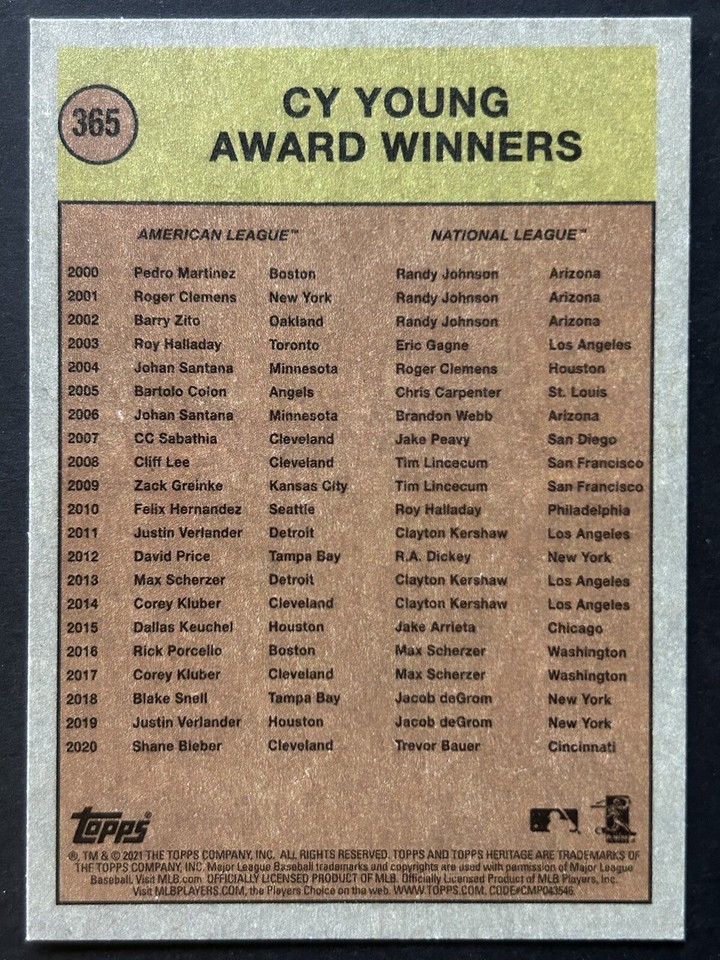 2021 Topps Heritage Cy Young Award Card #365 | eBay