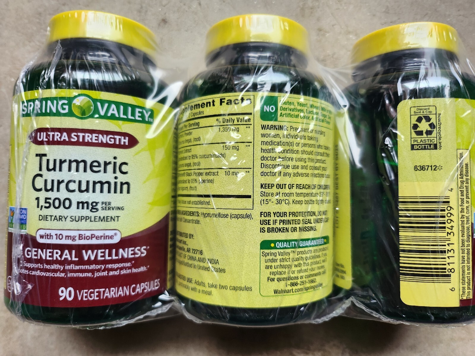 Pack Of 3 Spring Valley Ultra Strength Turmeric Curcumin 1500 mg 90 Veg ...