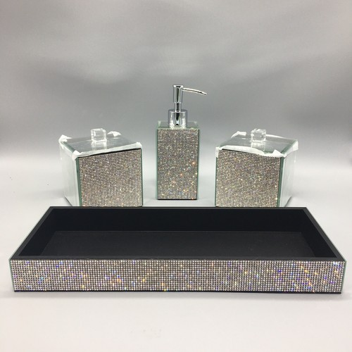 4pc BELLA LUX Mirror Rhinestone Bathroom Set Soap Dispenser Cotton Ball ...