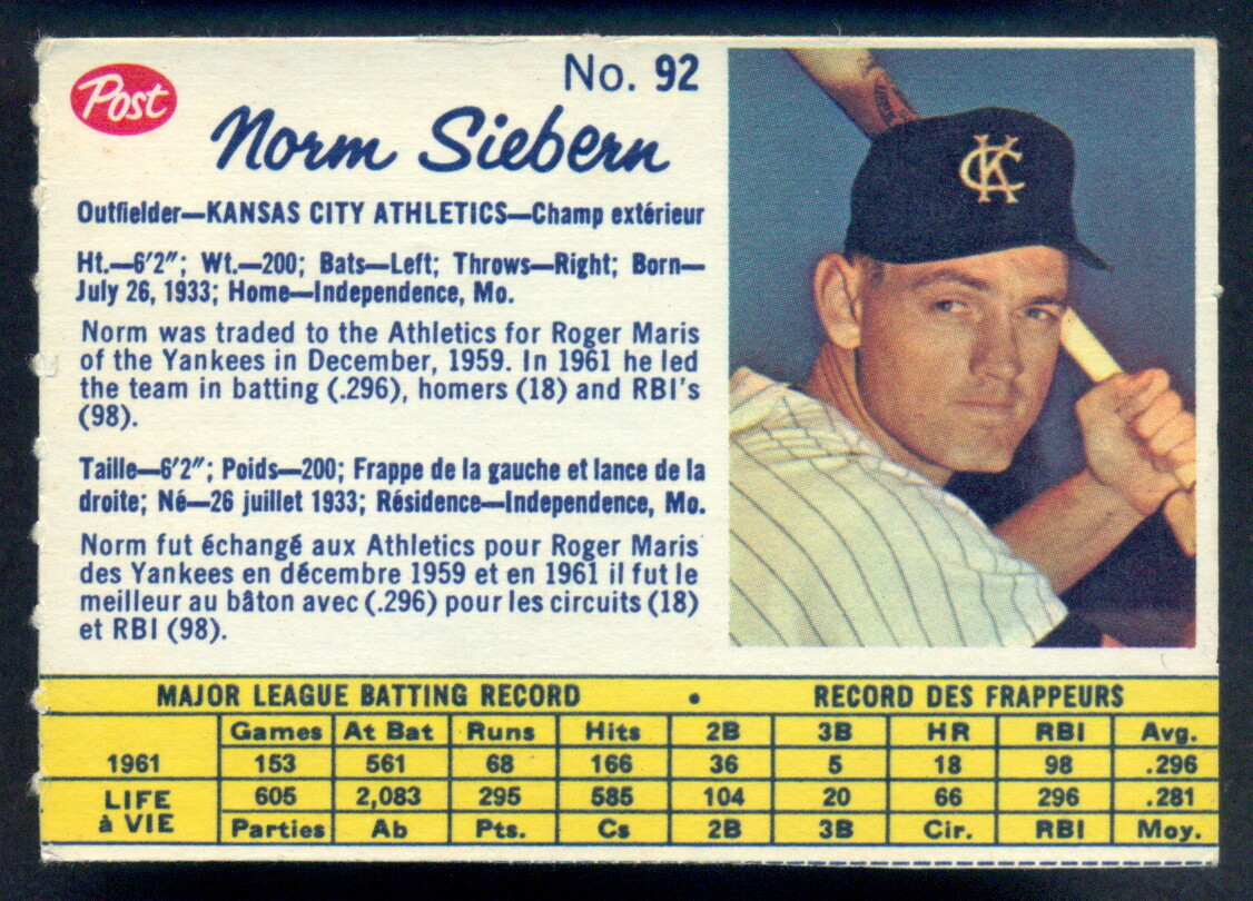 1962 POST CANADIAN BASEBALL #92 NORM SIEBERN NM KANSAS CITY ROYALS A'S Card | eBay