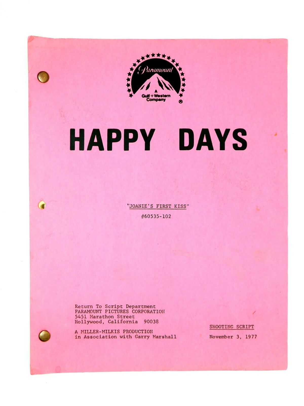 HAPPY DAYS Original Shooting Script: "Joanie's First Kiss" 11/3/1977 | eBay