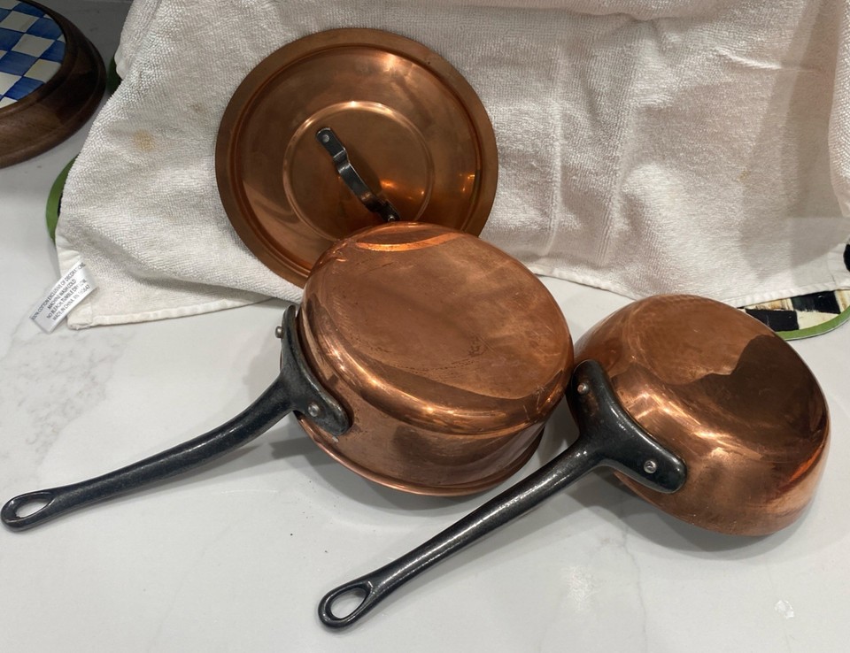 2 Baumalu France Copper Pans / Pots Iron Handles , 1 Lid 6.5” & 6 5/8 ...